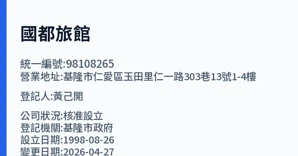 國都旅館的照片-統編 98108265(基隆市) 公司登記資料與營業項目詳細圖表