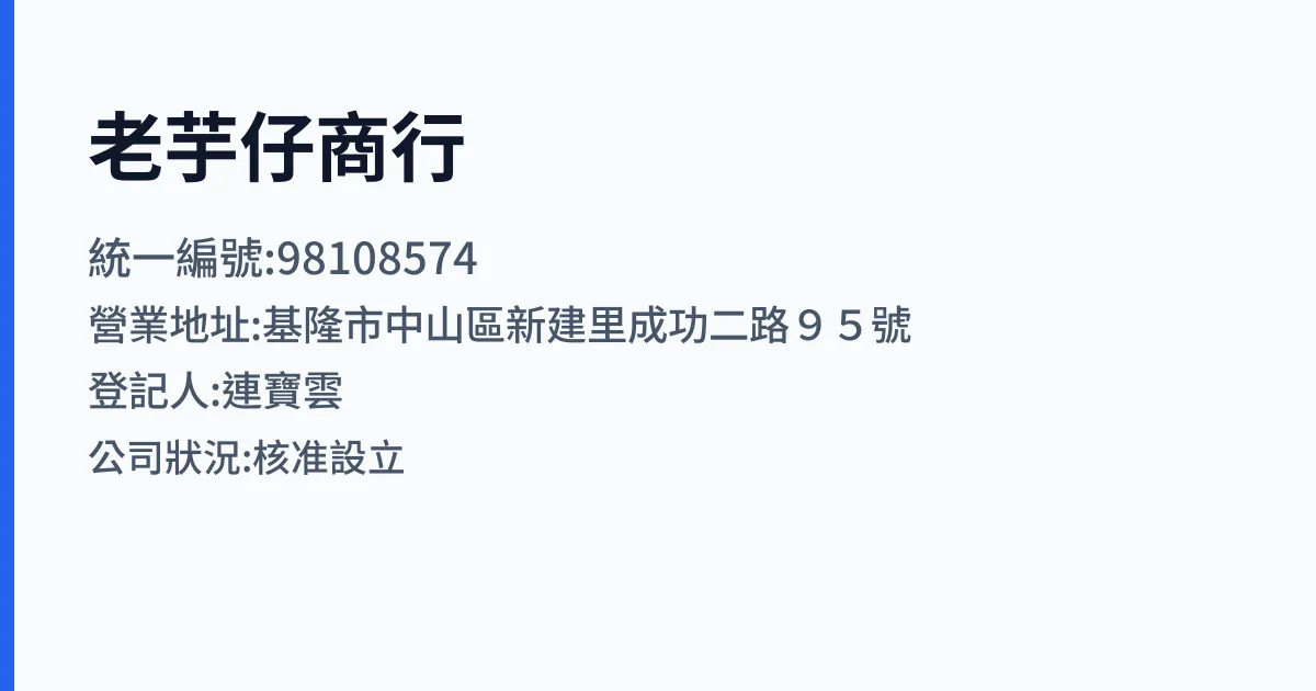 老芋仔商行 - 統編 98108574(基隆市) 公司登記資料與營業項目詳細圖表