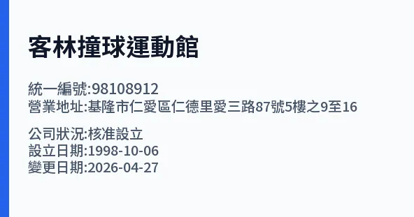 客林撞球運動館的照片-統編 98108912(基隆市) 公司登記資料與營業項目詳細圖表