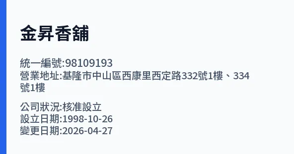 金昇香舖的照片-統編 98109193(基隆市) 公司登記資料與營業項目詳細圖表
