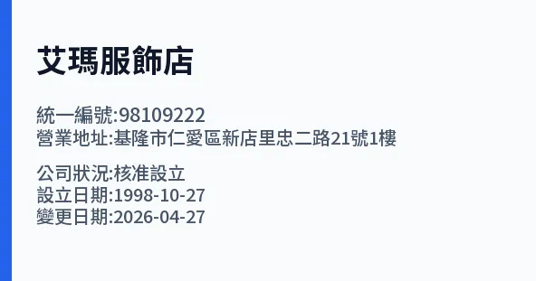 艾瑪服飾店的照片-統編 98109222(基隆市) 公司登記資料與營業項目詳細圖表