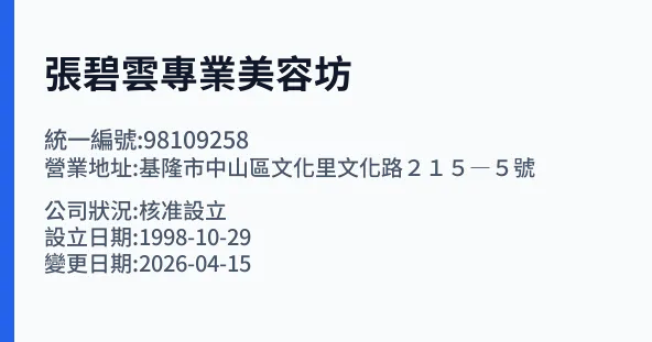 張碧雲專業美容坊的照片-統編 98109258(基隆市) 公司登記資料與營業項目詳細圖表
