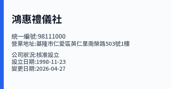 鴻惠禮儀社的照片-統編 98111000(基隆市) 公司登記資料與營業項目詳細圖表