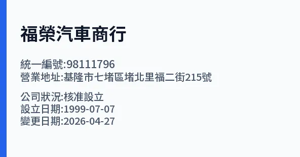福榮汽車商行的照片-統編 98111796(基隆市) 公司登記資料與營業項目詳細圖表