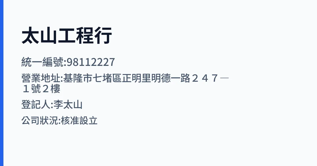 太山工程行 - 統編 98112227(基隆市) 公司登記資料與營業項目詳細圖表