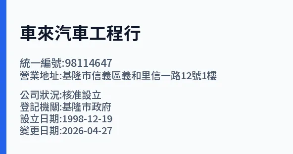 車來汽車工程行的照片-統編 98114647(基隆市) 公司登記資料與營業項目詳細圖表