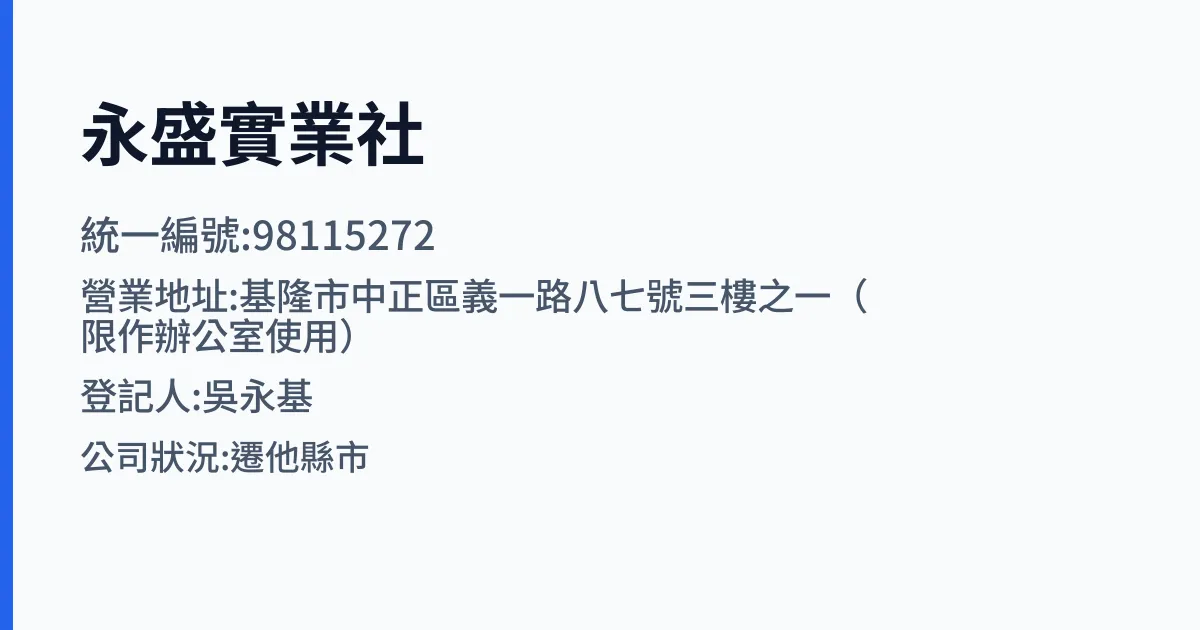 永盛實業社 - 統編 98115272(新北市) 公司登記資料與營業項目詳細圖表