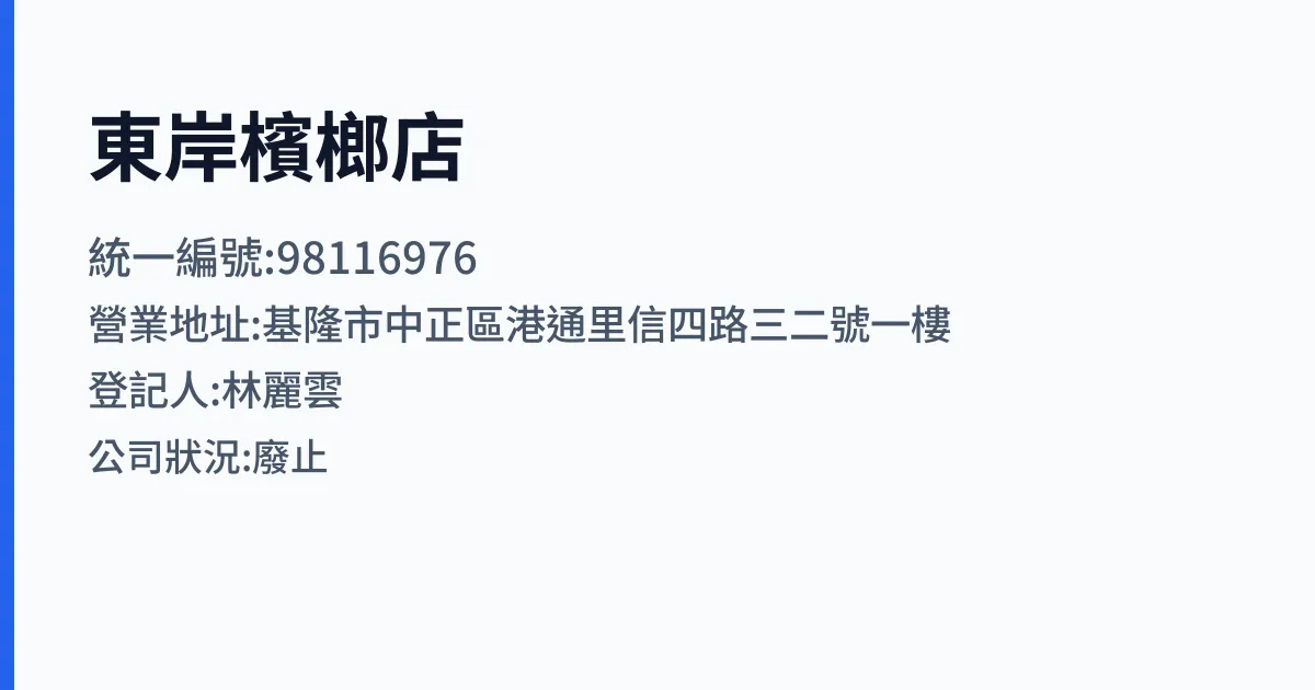 東岸檳榔店 - 統編 98116976(基隆市) 公司登記資料與營業項目詳細圖表