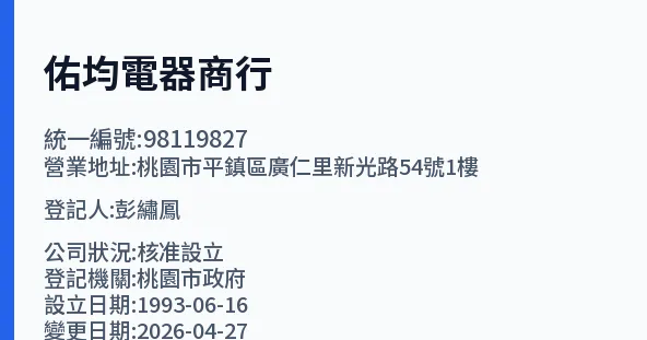 佑均電器商行的照片-統編 98119827(桃園市) 公司登記資料與營業項目詳細圖表