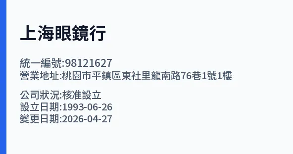 上海眼鏡行的照片-統編 98121627(桃園市) 公司登記資料與營業項目詳細圖表