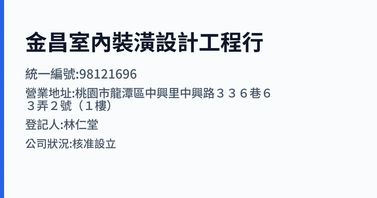 金昌室內裝潢設計工程行 - 統編 98121696(桃園市) 公司登記資料與營業項目詳細圖表