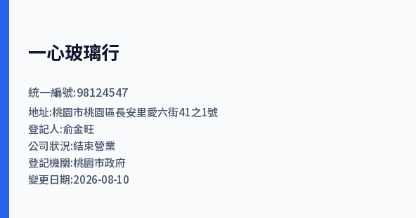 一心玻璃行的照片-統編 98124547(桃園市) 公司登記資料與營業項目詳細圖表