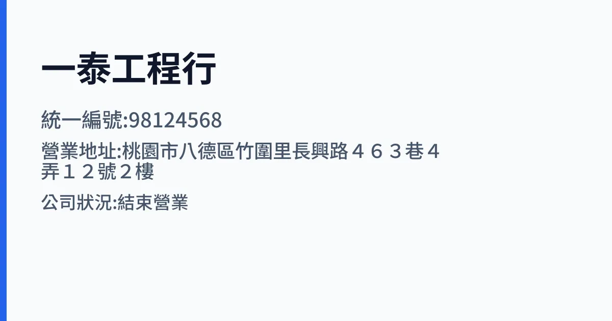 一泰工程行 - 統編 98124568(桃園市) 公司登記資料與營業項目詳細圖表