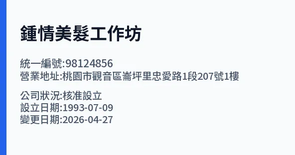 鍾情美髮工作坊的照片-統編 98124856(桃園市) 公司登記資料與營業項目詳細圖表