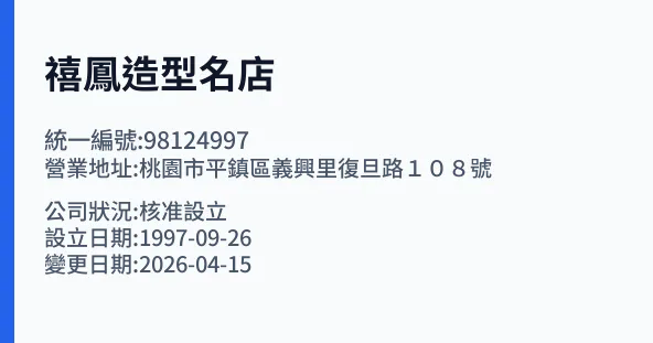 禧鳳造型名店的照片-統編 98124997(桃園市) 公司登記資料與營業項目詳細圖表
