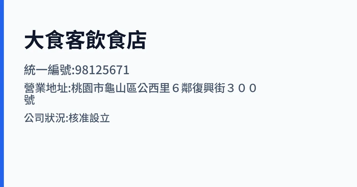 大食客飲食店 - 統編 98125671(桃園市) 公司登記資料與營業項目詳細圖表