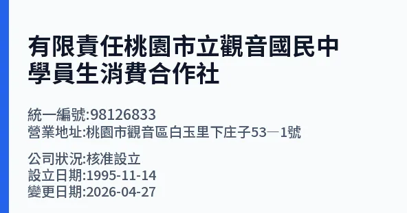 有限責任桃園市立觀音國民中學員生消費合作社的照片-統編 98126833(桃園市) 公司登記資料與營業項目詳細圖表