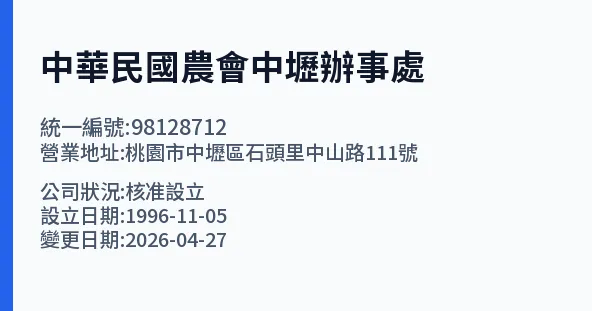 中華民國農會中壢辦事處的照片-統編 98128712(桃園市) 公司登記資料與營業項目詳細圖表
