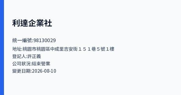 利達企業社的照片-統編 98130029(桃園市) 公司登記資料與營業項目詳細圖表