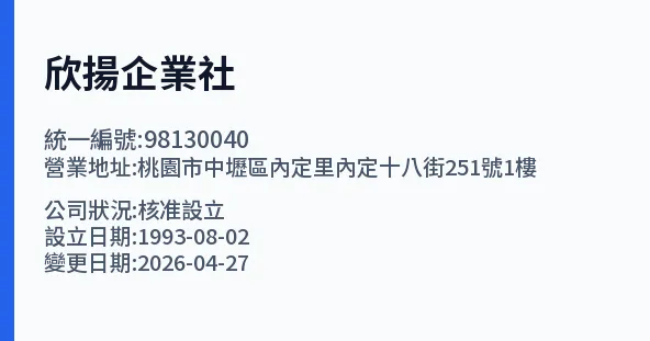 欣揚企業社的照片-統編 98130040(桃園市) 公司登記資料與營業項目詳細圖表