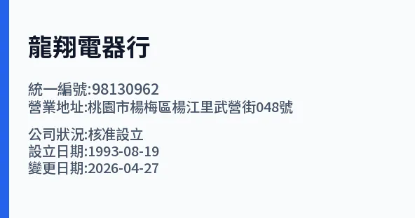 龍翔電器行的照片-統編 98130962(桃園市) 公司登記資料與營業項目詳細圖表