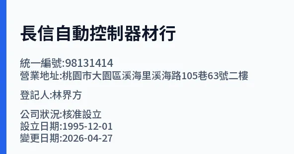 長信自動控制器材行的照片-統編 98131414(桃園市) 公司登記資料與營業項目詳細圖表