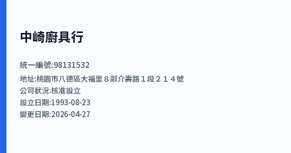中崎廚具行的照片-統編 98131532(桃園市) 公司登記資料與營業項目詳細圖表