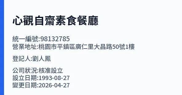 心觀自齋素食餐廳的照片-統編 98132785(桃園市) 公司登記資料與營業項目詳細圖表