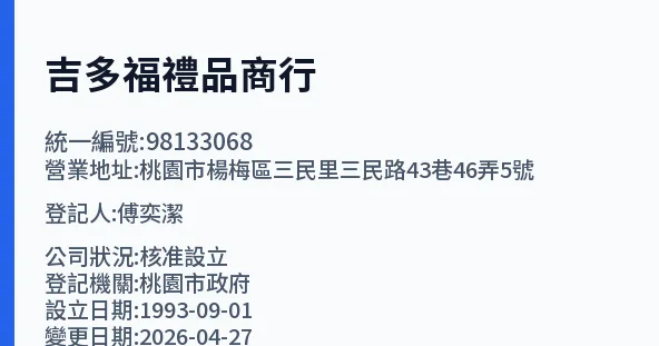 吉多福禮品商行的照片-統編 98133068(桃園市) 公司登記資料與營業項目詳細圖表