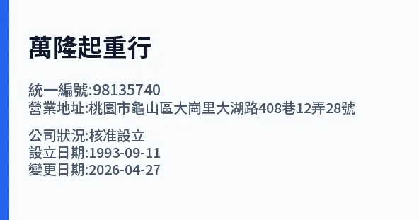 萬隆起重行的照片-統編 98135740(桃園市) 公司登記資料與營業項目詳細圖表
