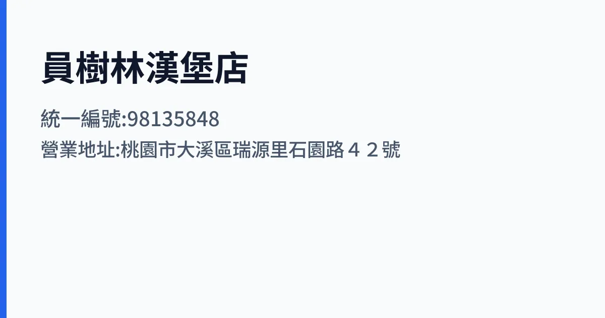 員樹林漢堡店 - 統編 98135848(桃園市) 公司登記資料與營業項目詳細圖表