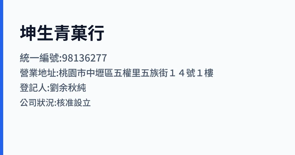 坤生青菓行 - 統編 98136277(桃園市) 公司登記資料與營業項目詳細圖表