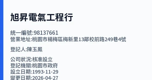 旭昇電氣工程行的照片-統編 98137661(桃園市) 公司登記資料與營業項目詳細圖表