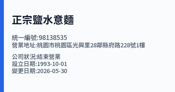 正宗鹽水意麵的照片-統編 98138535(桃園市) 公司登記資料與營業項目詳細圖表