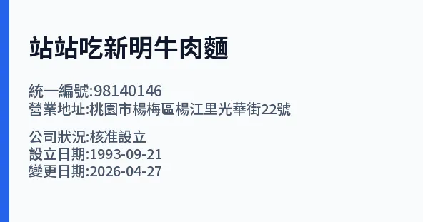 站站吃新明牛肉麵的照片-統編 98140146(桃園市) 公司登記資料與營業項目詳細圖表