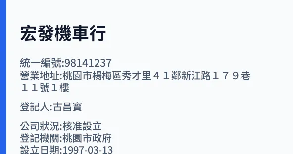 宏發機車行的照片-統編 98141237(桃園市) 公司登記資料與營業項目詳細圖表