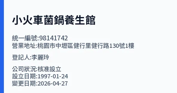 小火車菌鍋養生館的照片-統編 98141742(桃園市) 公司登記資料與營業項目詳細圖表