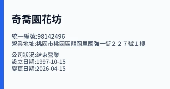 奇喬園花坊的照片-統編 98142496(桃園市) 公司登記資料與營業項目詳細圖表