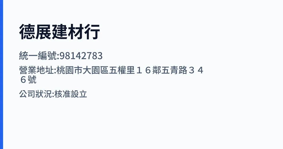 德展建材行 - 統編 98142783(桃園市) 公司登記資料與營業項目詳細圖表
