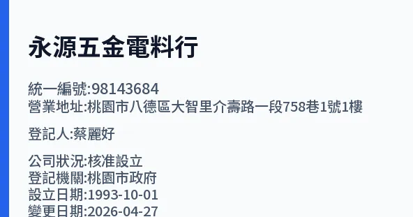 永源五金電料行的照片-統編 98143684(桃園市) 公司登記資料與營業項目詳細圖表