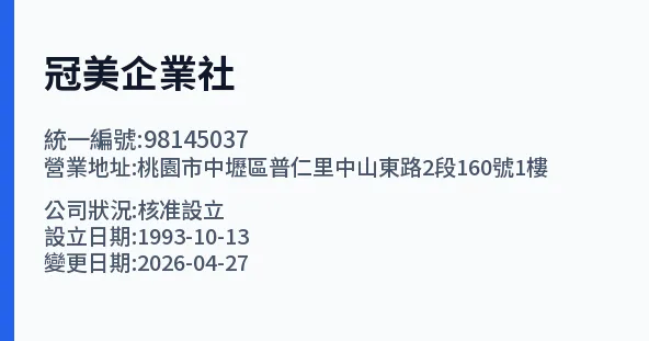 冠美企業社的照片-統編 98145037(桃園市) 公司登記資料與營業項目詳細圖表