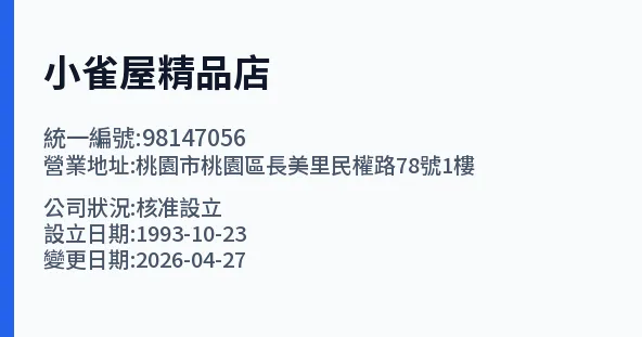 小雀屋精品店的照片-統編 98147056(桃園市) 公司登記資料與營業項目詳細圖表