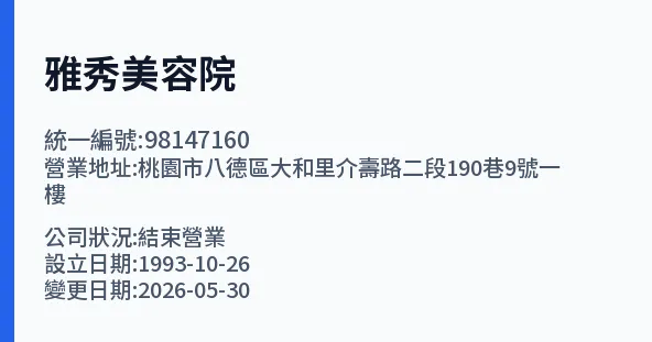 雅秀美容院的照片-統編 98147160(桃園市) 公司登記資料與營業項目詳細圖表