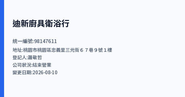 迪新廚具衛浴行的照片-統編 98147611(桃園市) 公司登記資料與營業項目詳細圖表