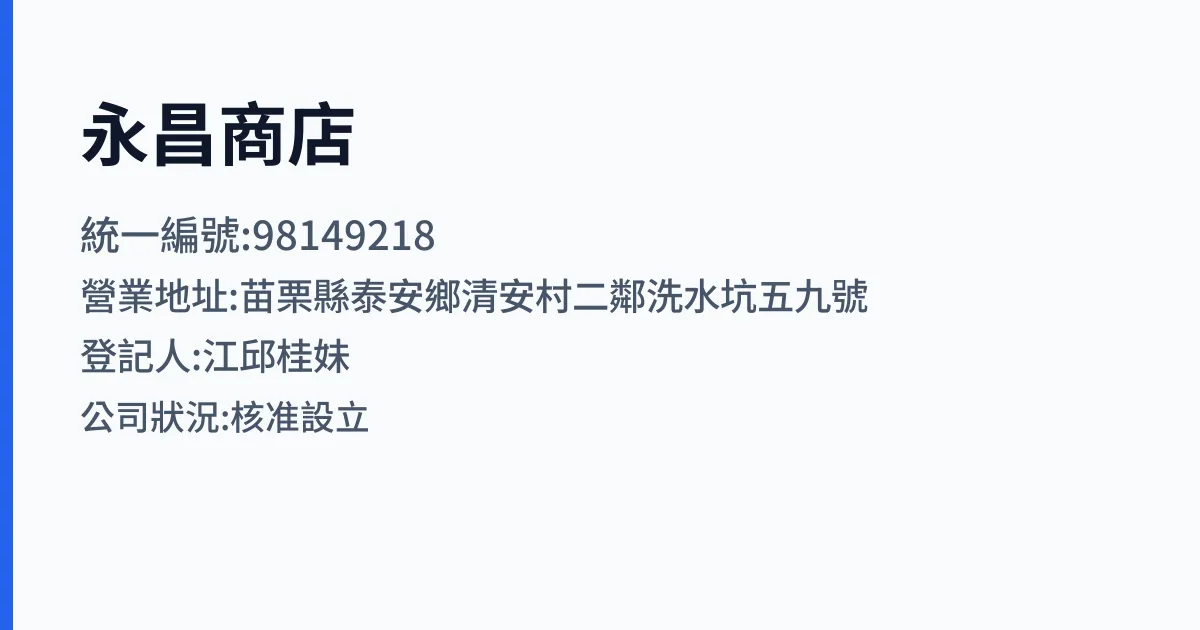 永昌商店 - 統編 98149218(苗栗縣) 公司登記資料與營業項目詳細圖表