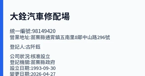 大銓汽車修配場的照片-統編 98149420(苗栗縣) 公司登記資料與營業項目詳細圖表