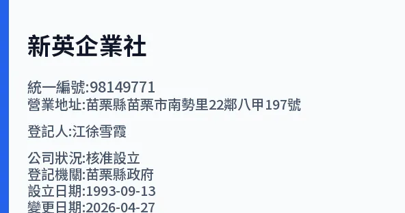 新英企業社的照片-統編 98149771(苗栗縣) 公司登記資料與營業項目詳細圖表