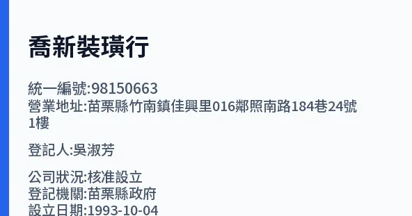 喬新裝璜行的照片-統編 98150663(苗栗縣) 公司登記資料與營業項目詳細圖表