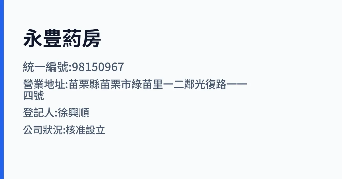 永豊葯房 - 統編 98150967(苗栗縣) 公司登記資料與營業項目詳細圖表