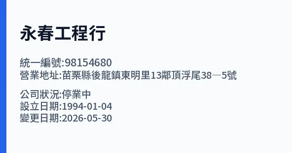 永春工程行的照片-統編 98154680(苗栗縣) 公司登記資料與營業項目詳細圖表